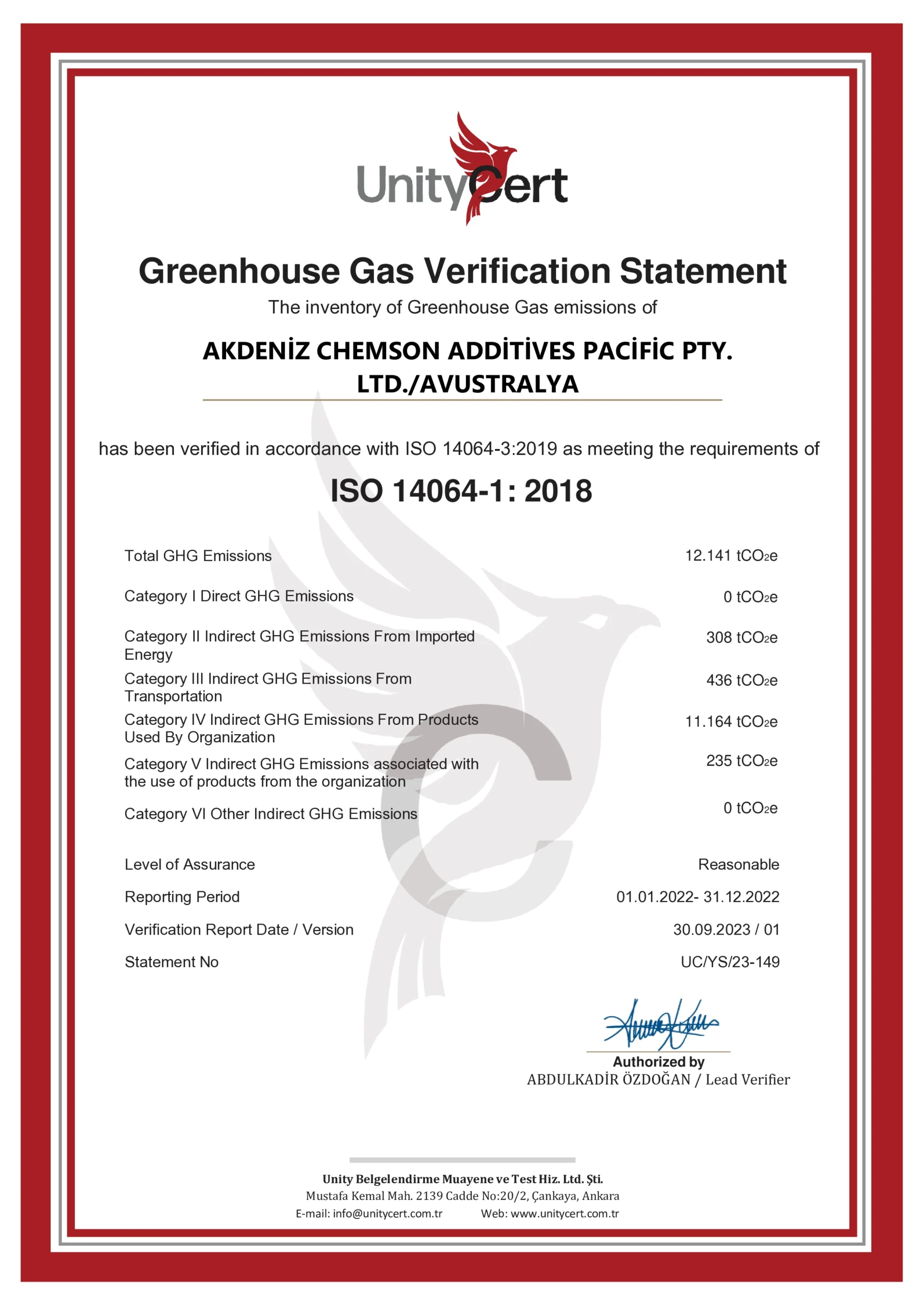 AC AUSTRALIA 2022 - Carbon Footprint Certificate | Akdeniz Chemson